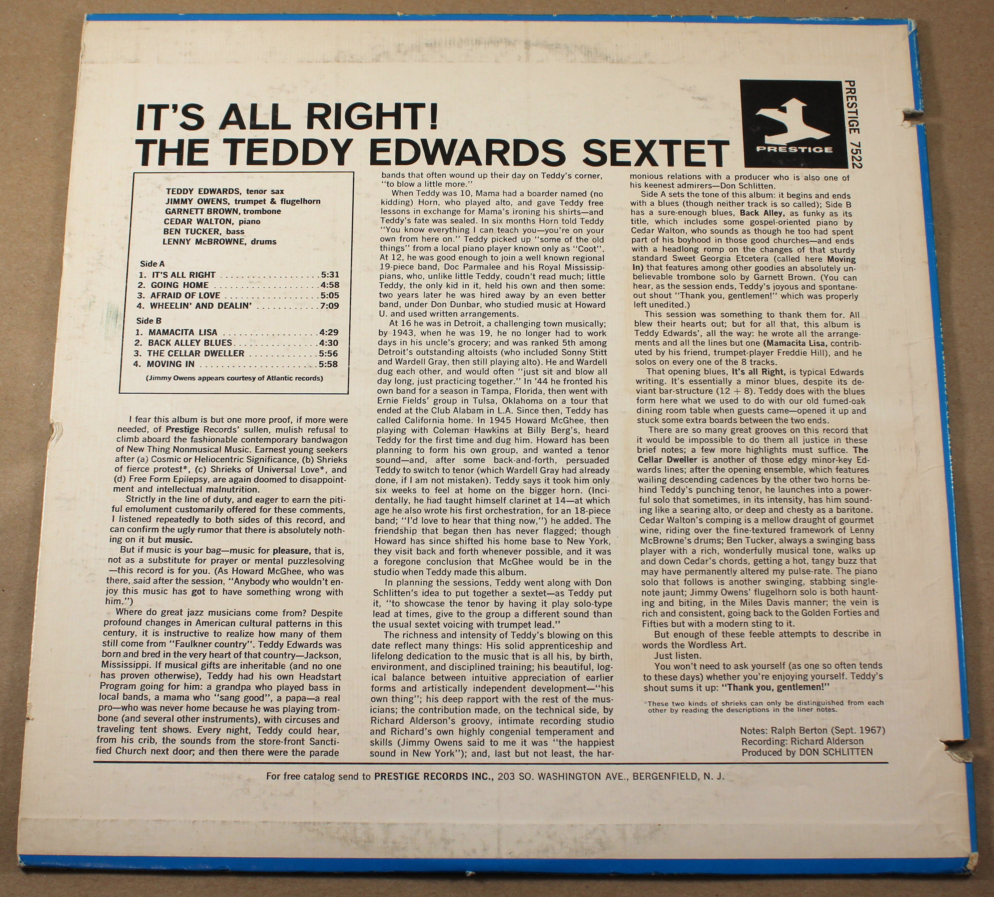 Edwards, Teddy - It's All Right, Vinyl Record Album LP, Jazz Sextet ...